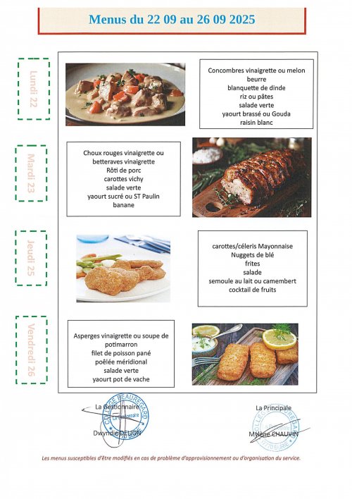 MENUS DU 22 AU 26 SEPTEMBRE 2025 - Site du collège Beauregard de Burie ...