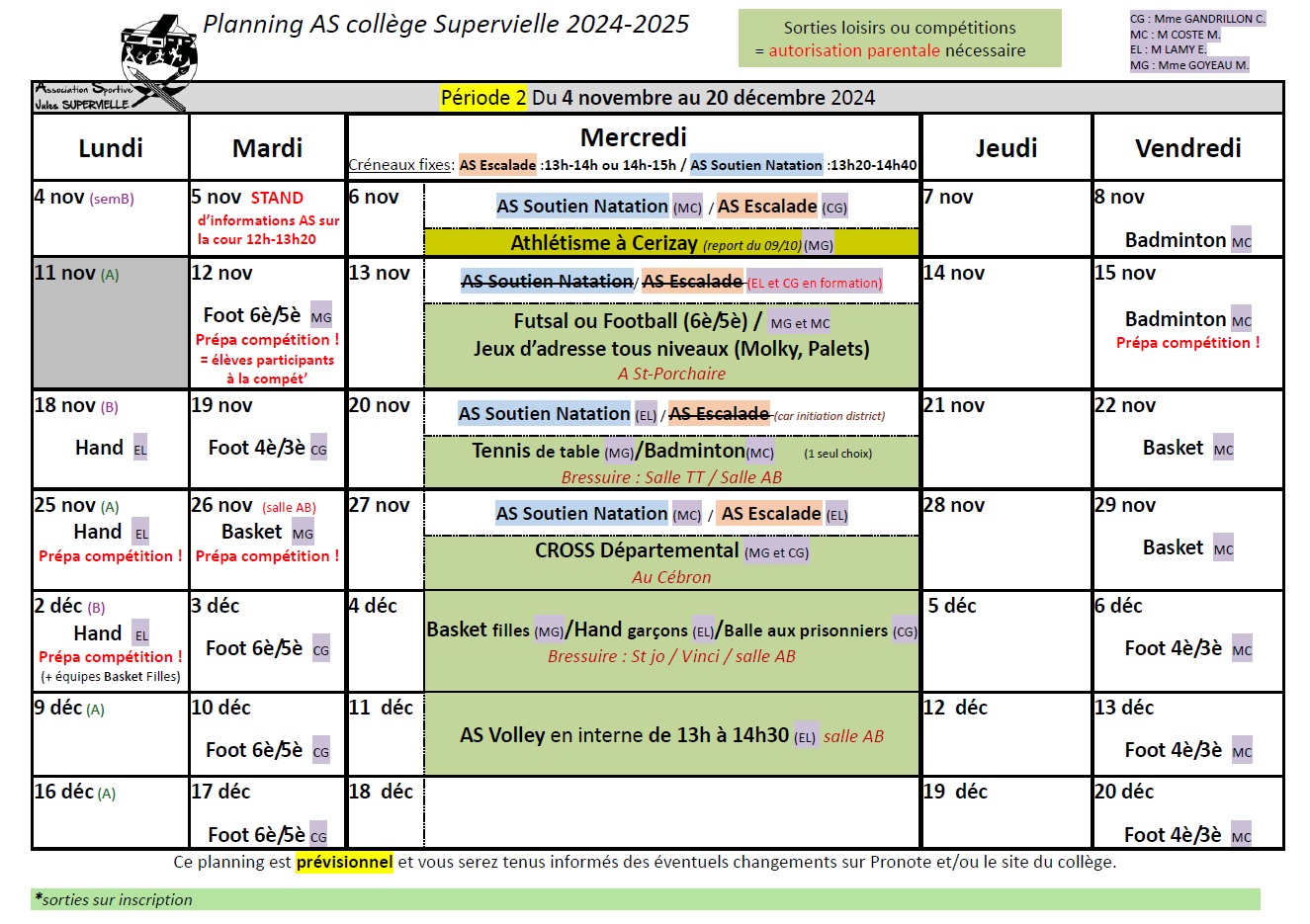 PLANNING ANNUEL et planning Période 2 de l'Association Sportive / UNSS ...