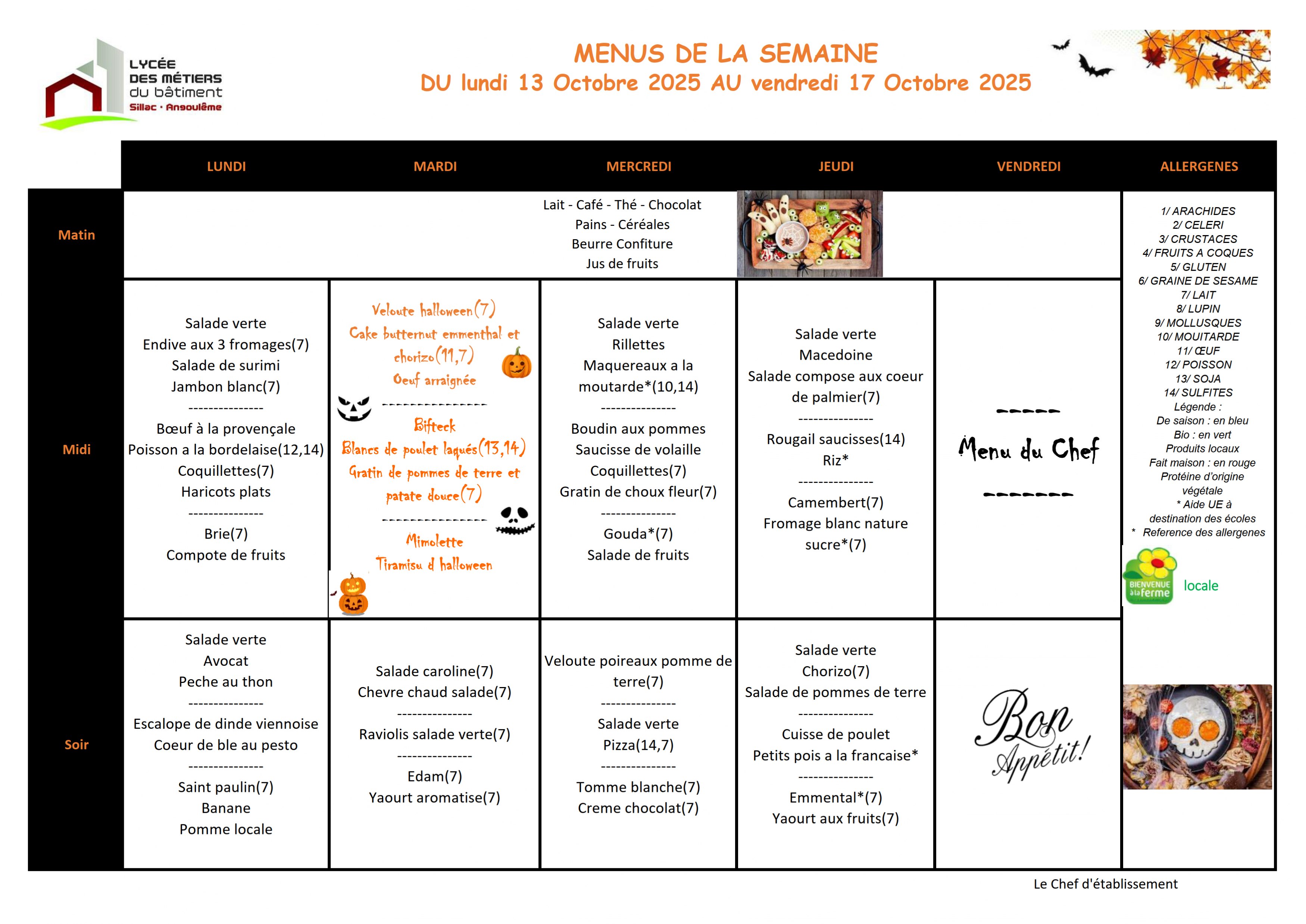 Menu semaine 42 du 13/10 au 17/10 - Lycée des Métiers du Bâtiment ...